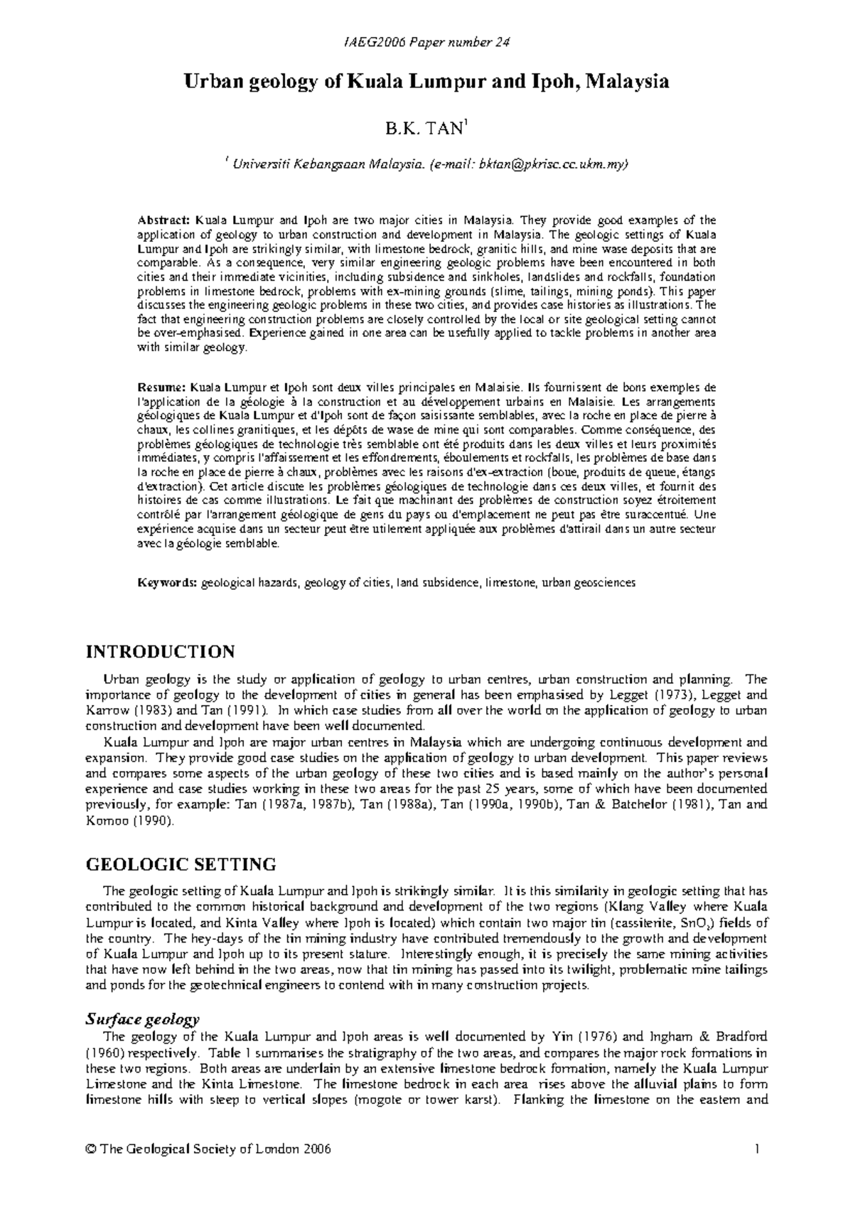 Urban geology of KL and Ipoh - IAEG2006 Paper number 24 Urban geology ...