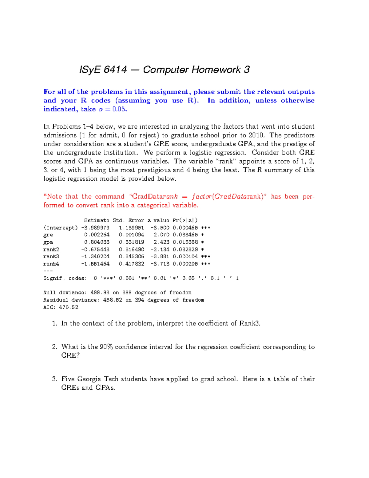 ISy E6414CHW3 - GTSI - For all of the problems in this assignment, please submit the relevant ...