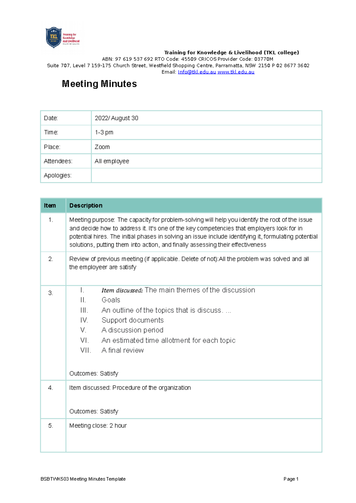 Meeting Minutes Template - Training for Knowledge & Livelihood (TKL ...