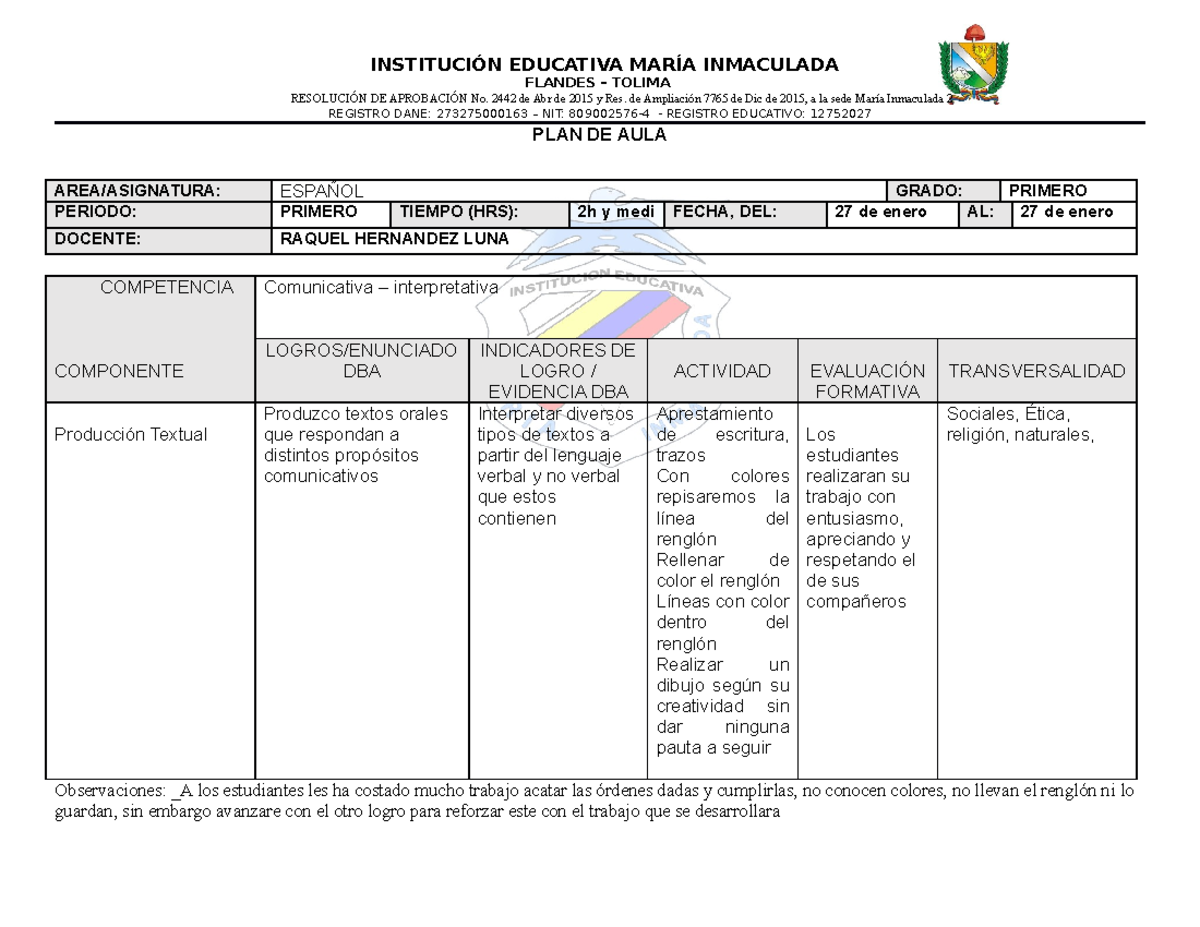 PLAN DE AULA Grado Primero Primer Periodo - FLANDES – TOLIMA RESOLUCIÓN ...