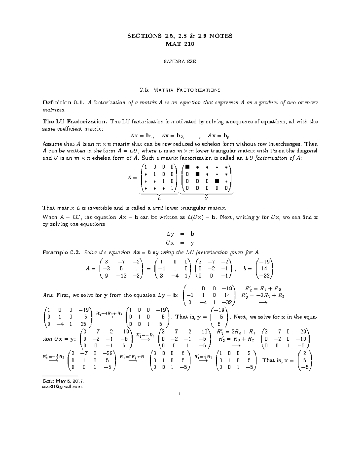 2.5-2.9 Notes - SECTIONS 2, 2 & 2 NOTES MAT 210 SANDRA SZE 2: Matrix ...