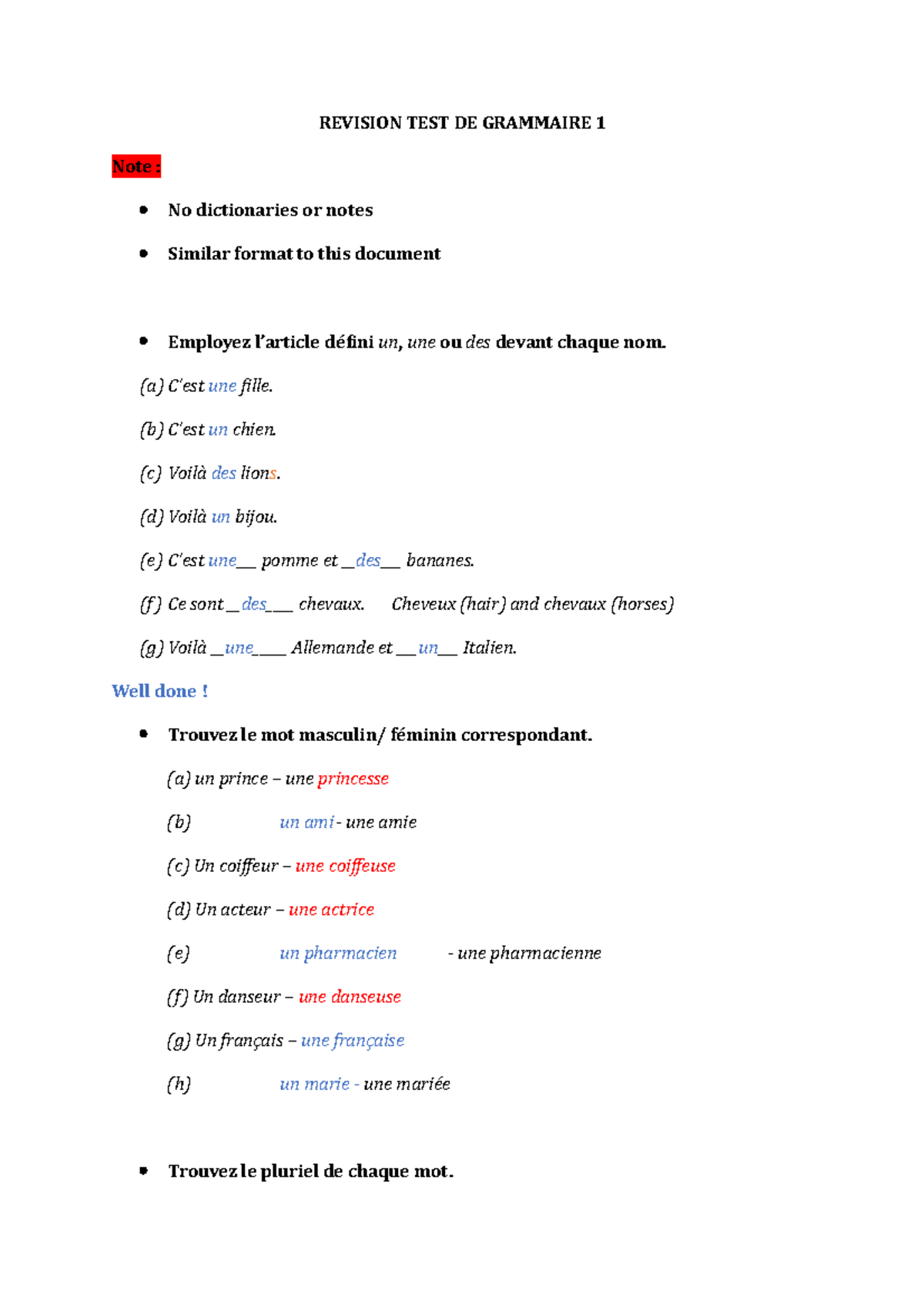 Révision-1 - Practice class materials that include exercises on grammar ...