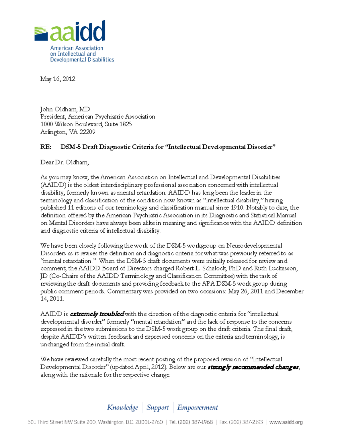 Aaidd dsm5 comment letter - May 16, 2012 John Oldham, MD President ...