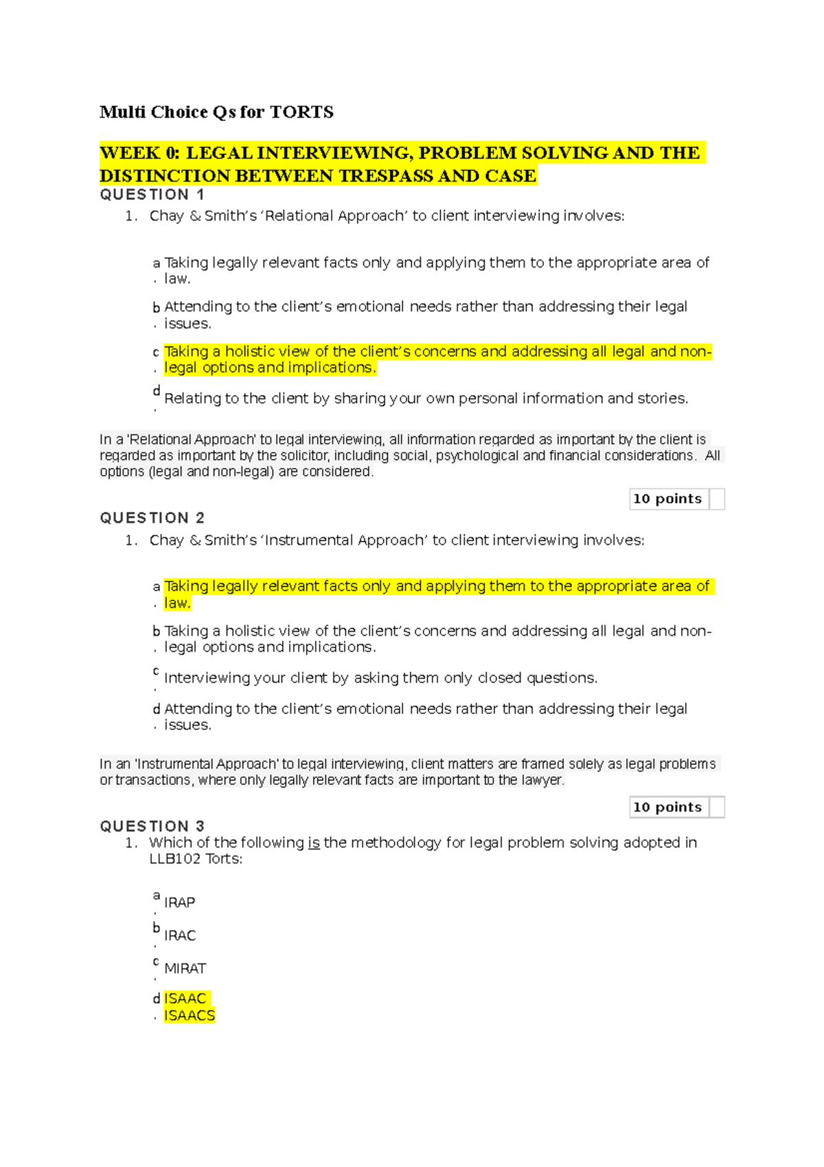 Multi Choice Qs for Torts - Multi Choice Qs for TORTS WEEK 0: LEGAL ...