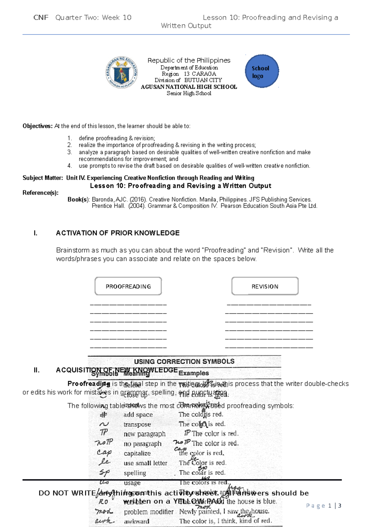 DLP CNF Lesson 10 Proofreading and Revising text - CNF Quarter Two ...