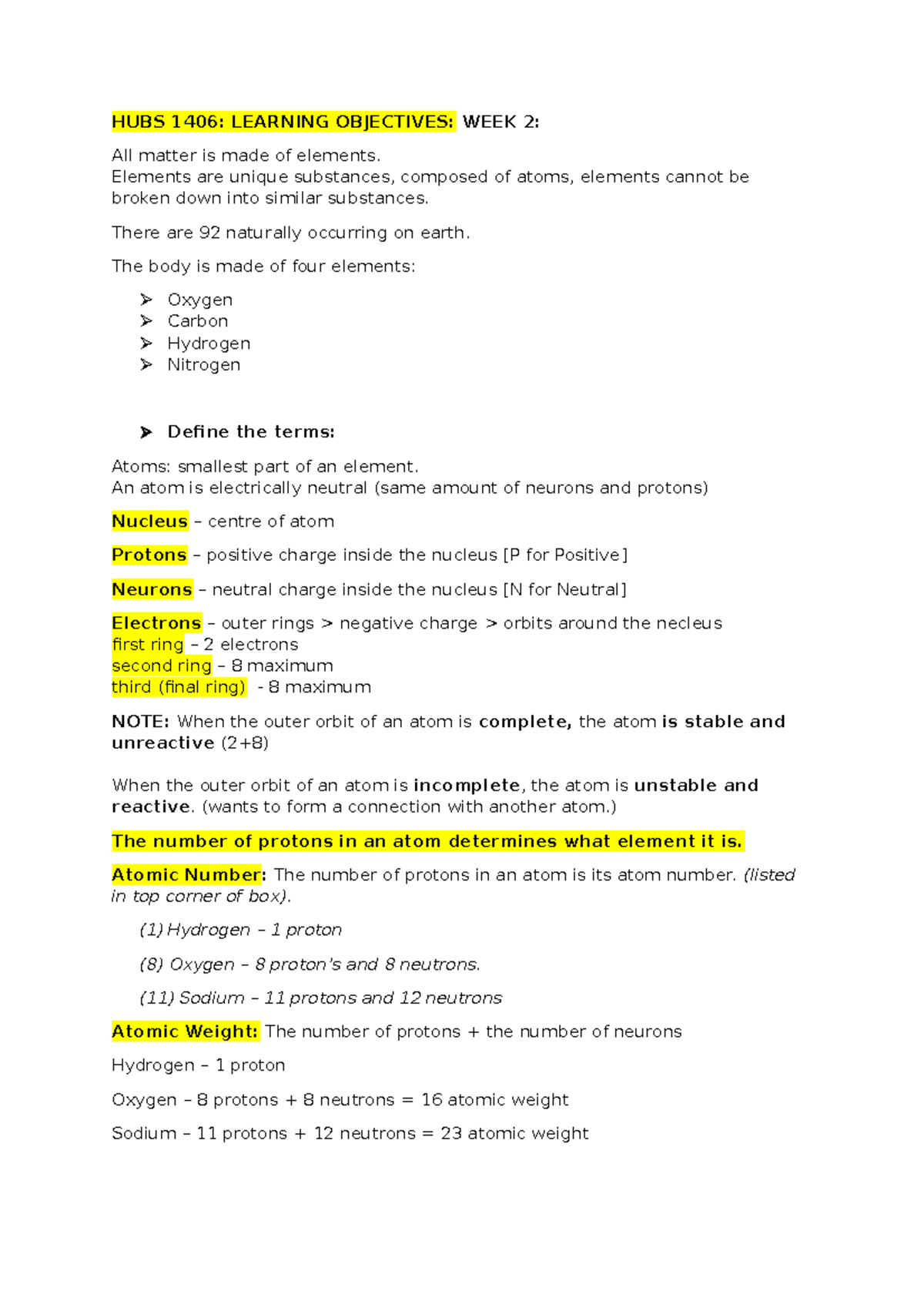 HUBS 1406 Learning Objectives. Week Two. Atoms and Molecules. Lecture ...