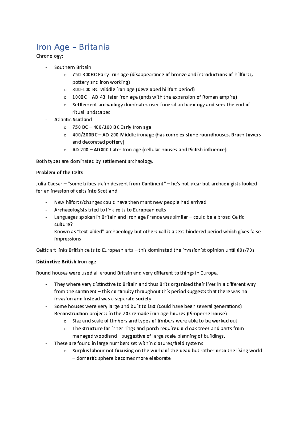 Iron Age - Lecture notes - Iron Age – Britania Chronology: Southern ...