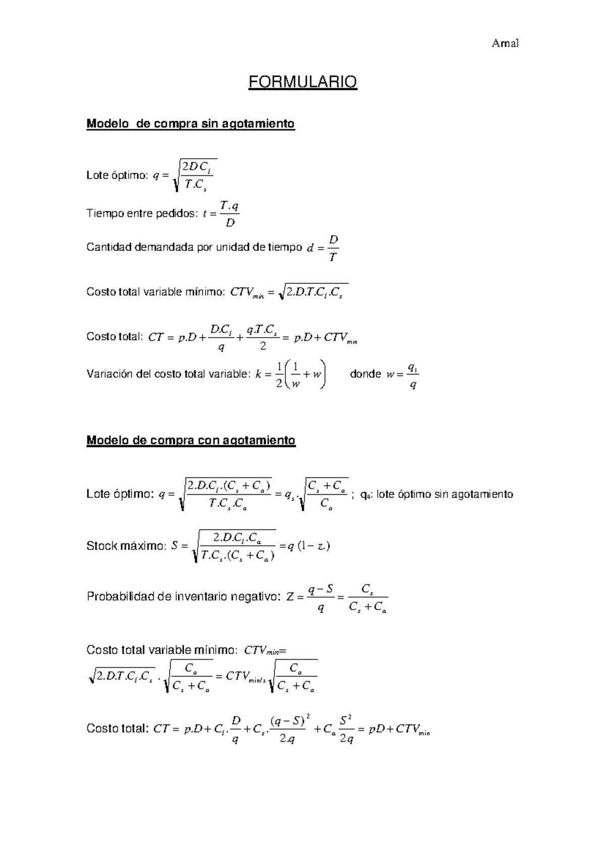 Formulario Stocks - Arnal FORMULARIO Modelo de compra sin agotamiento ...