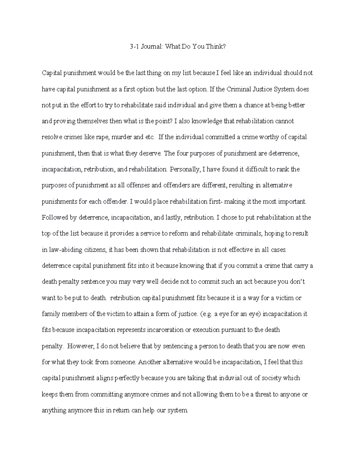 CJ 3-1 - Journal on "What Do You Think" A 350 worded journal entry - 3 ...