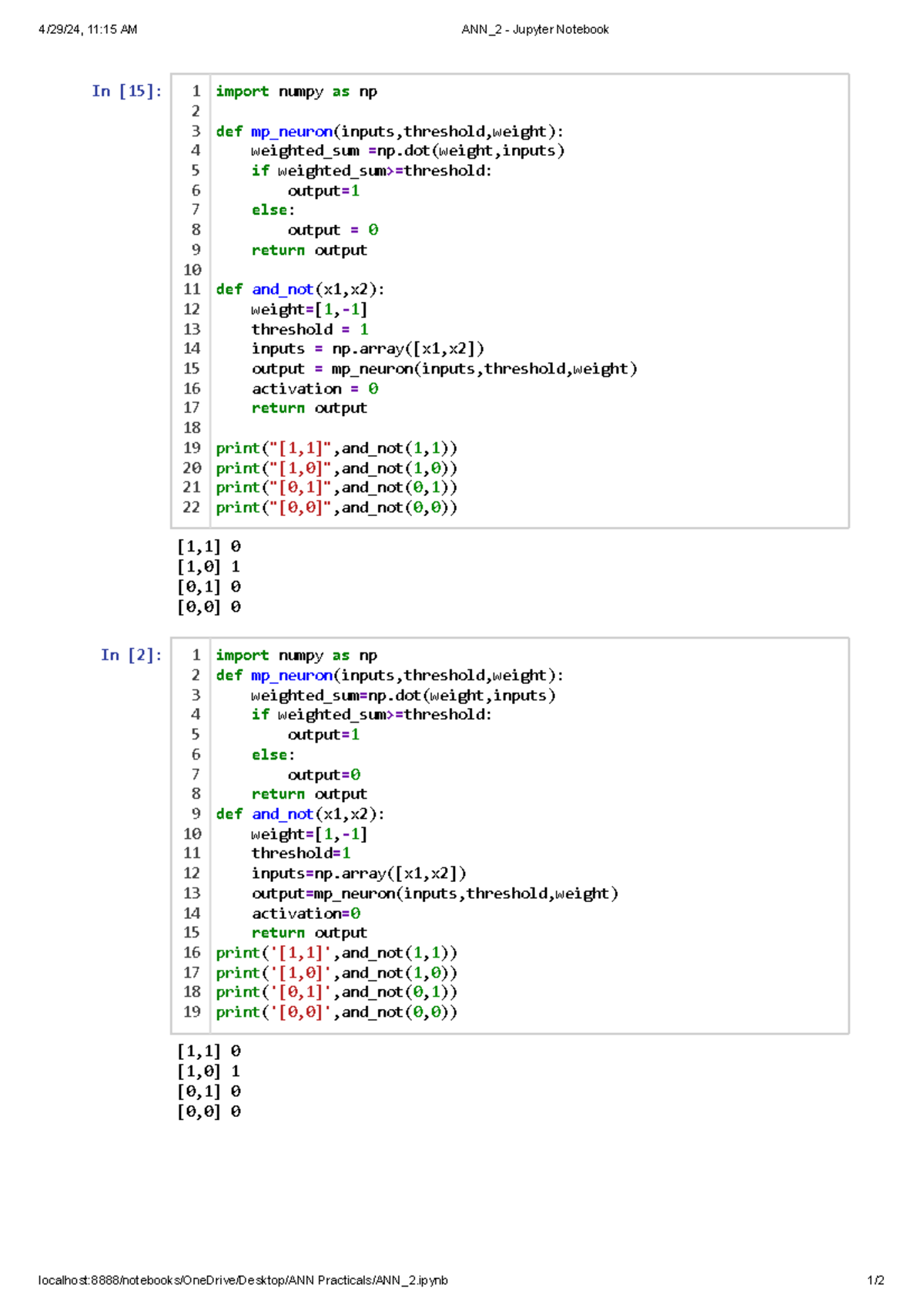 ANN 2 - Jupyter Notebook - In [15]: In [2]: [1,1] 0 [1,0] 1 [0,1] 0 [0 ...