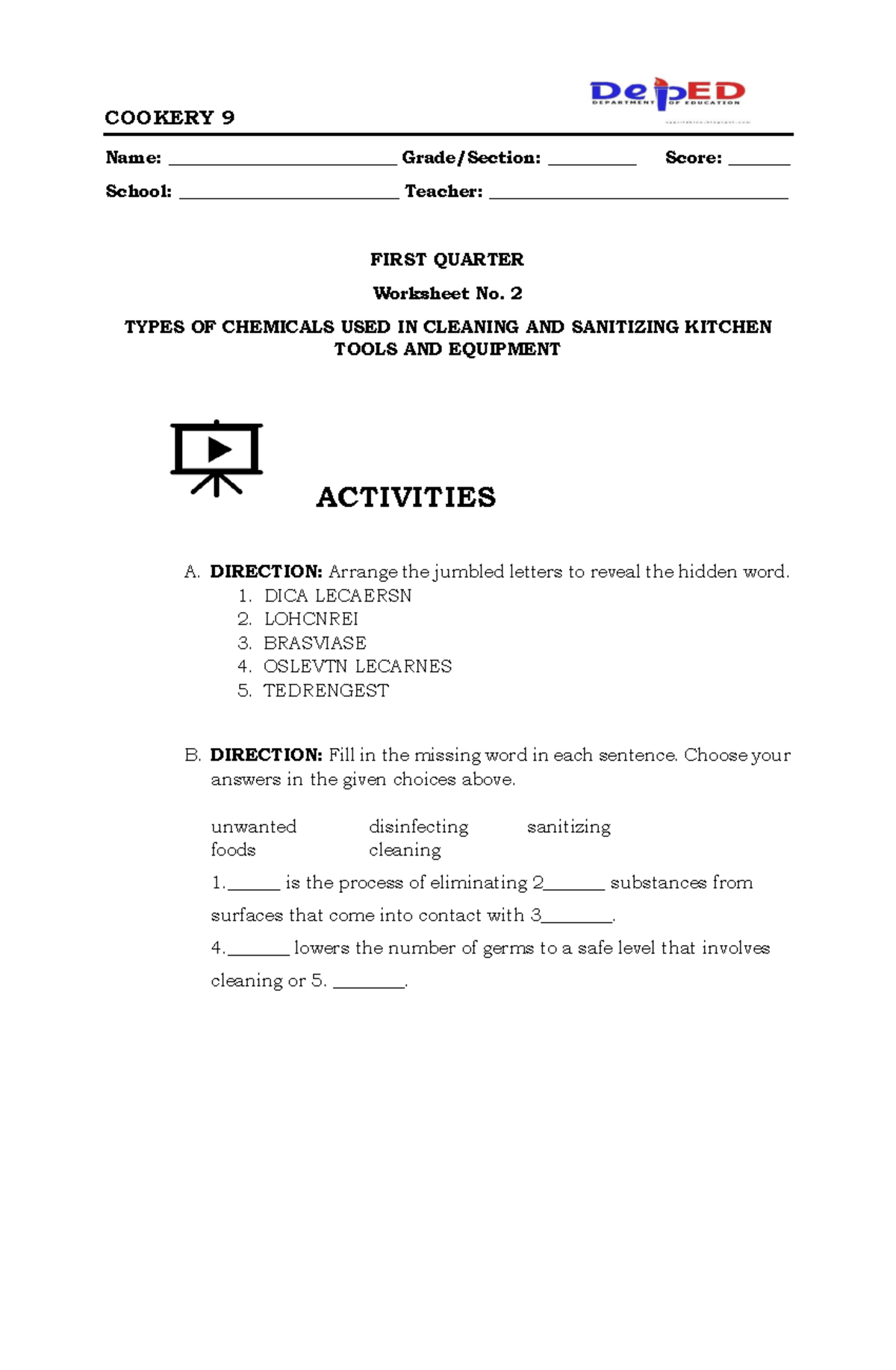 TLE Cookery 9-Q1-DW2 - COOKERY 9 Name: __________________________ Grade ...