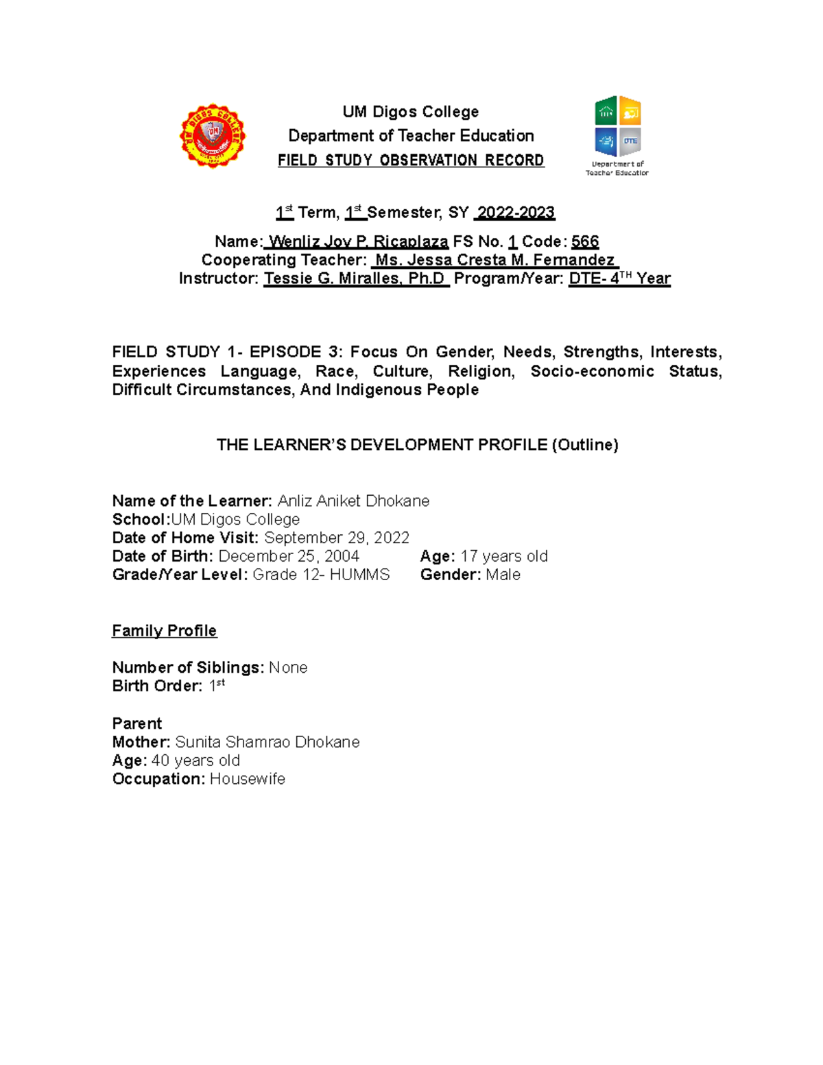 FS 1 - FS Episodes - UM Digos College Department of Teacher Education FIELD STUDY OBSERVATION ...