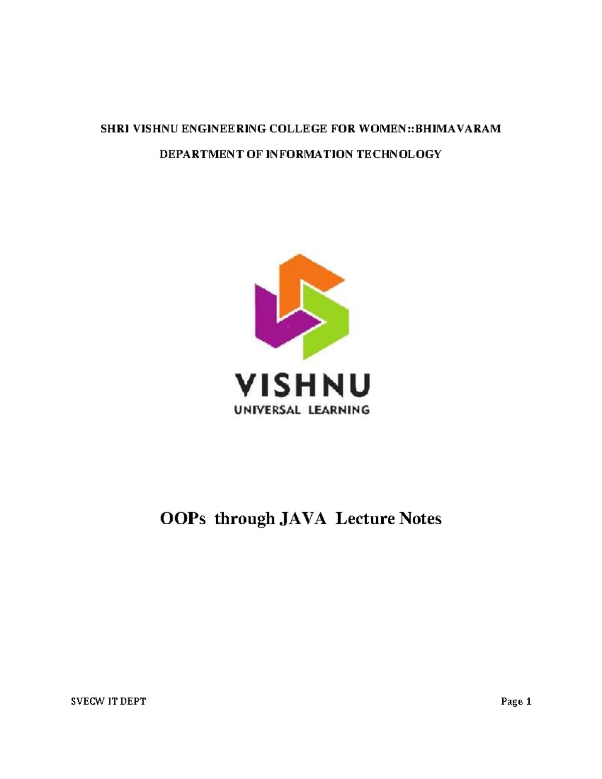 Java Complete Notes Typed - SHRI VISHNU ENGINEERING COLLEGE FOR WOMEN ...