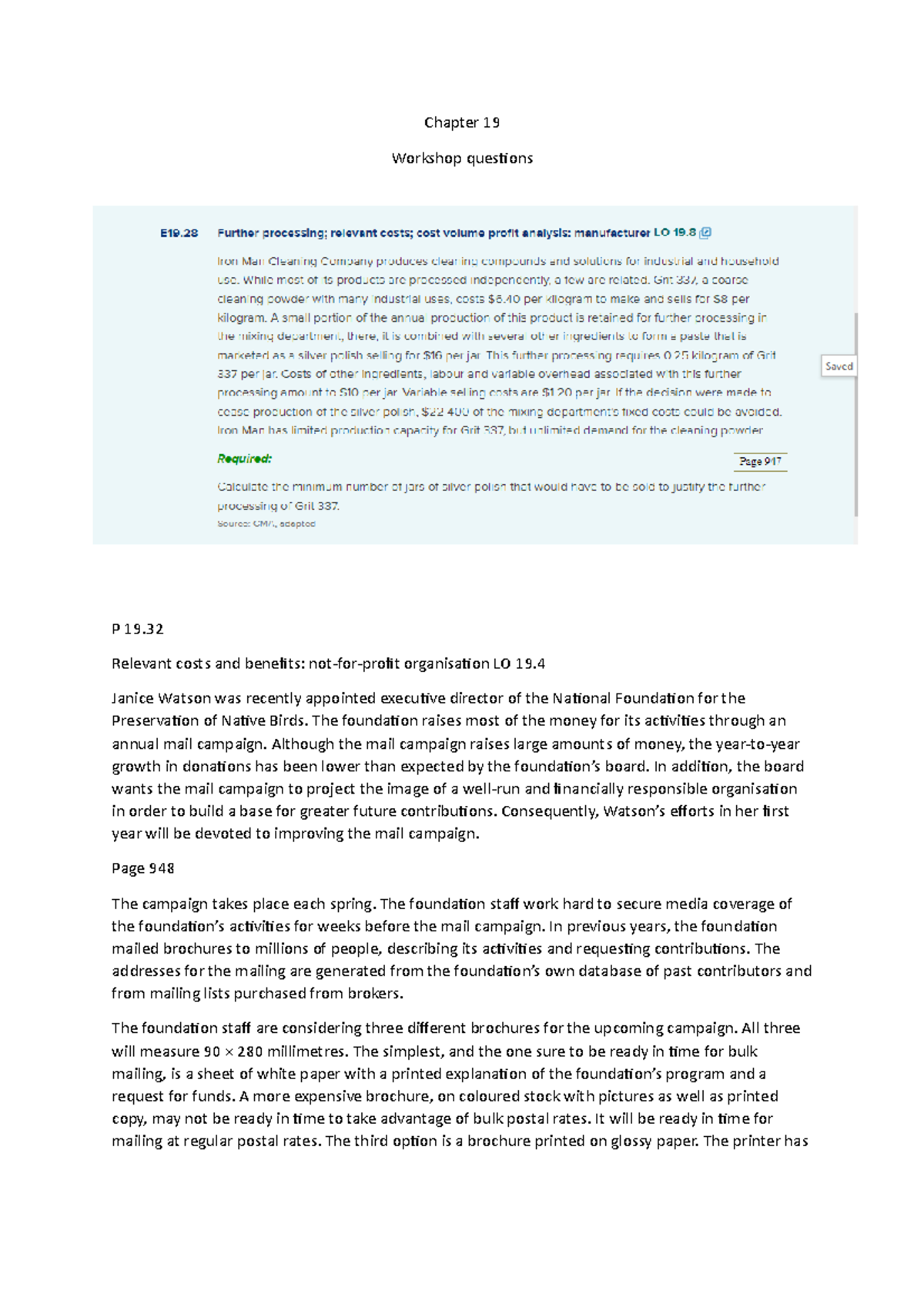 Workshop questions Chapter 19 - Chapter 19 Workshop questions P 19 ...