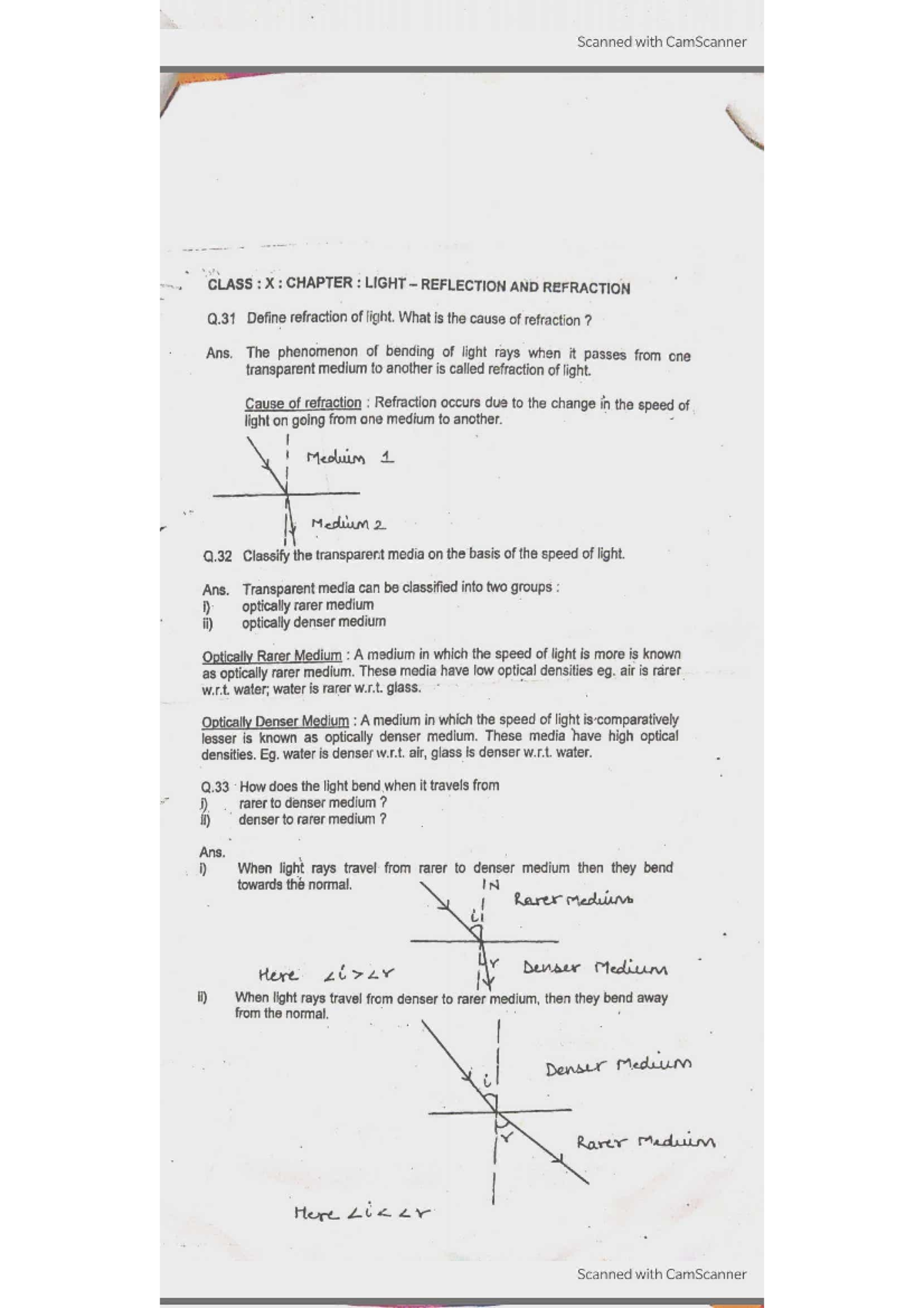Light- Refraction Notes - Scanned with CLASS : X : CHAPTER : LIGHT ...