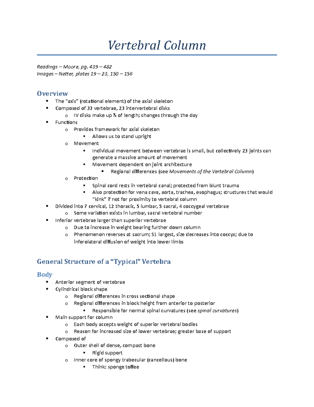 Lecture 02 - The Vertebral Column - Notes - Vertebral Column Readings ...