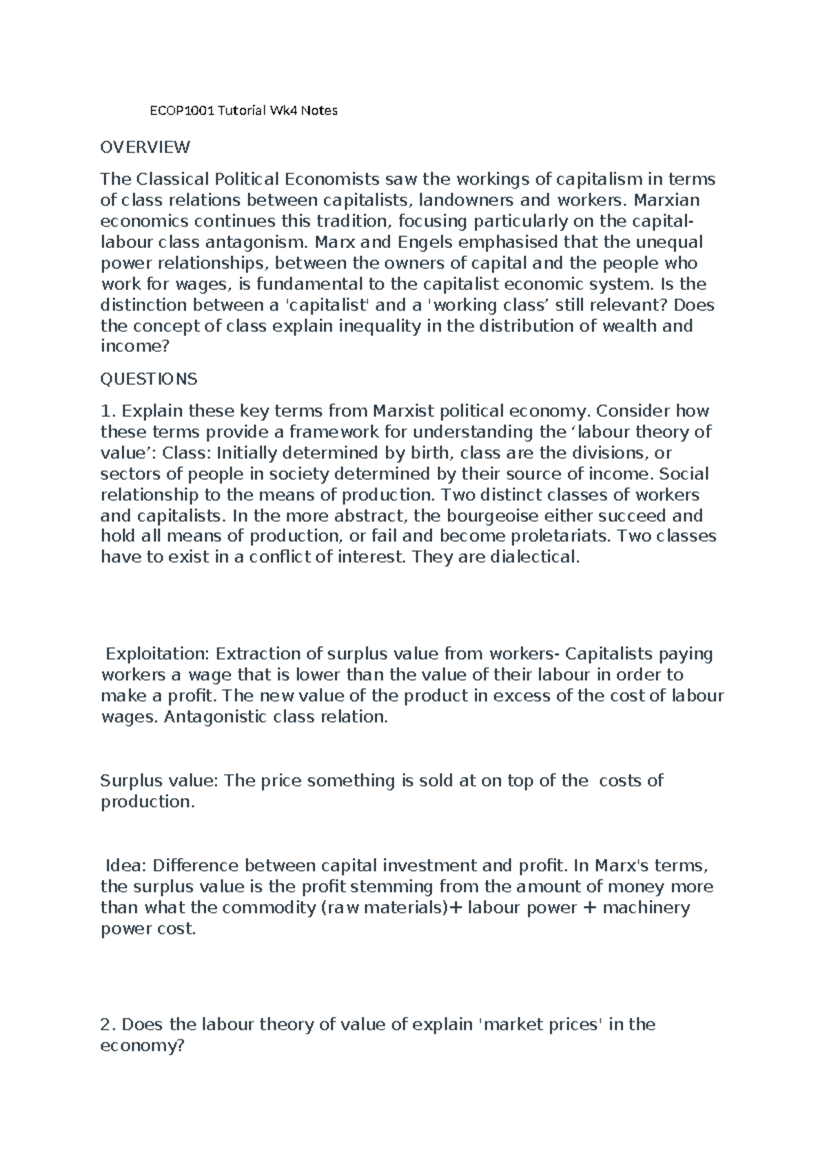 ECOP1001 WK1 - tutorial/lecture notes - ECOP1001 Tutorial Wk4 Notes ...