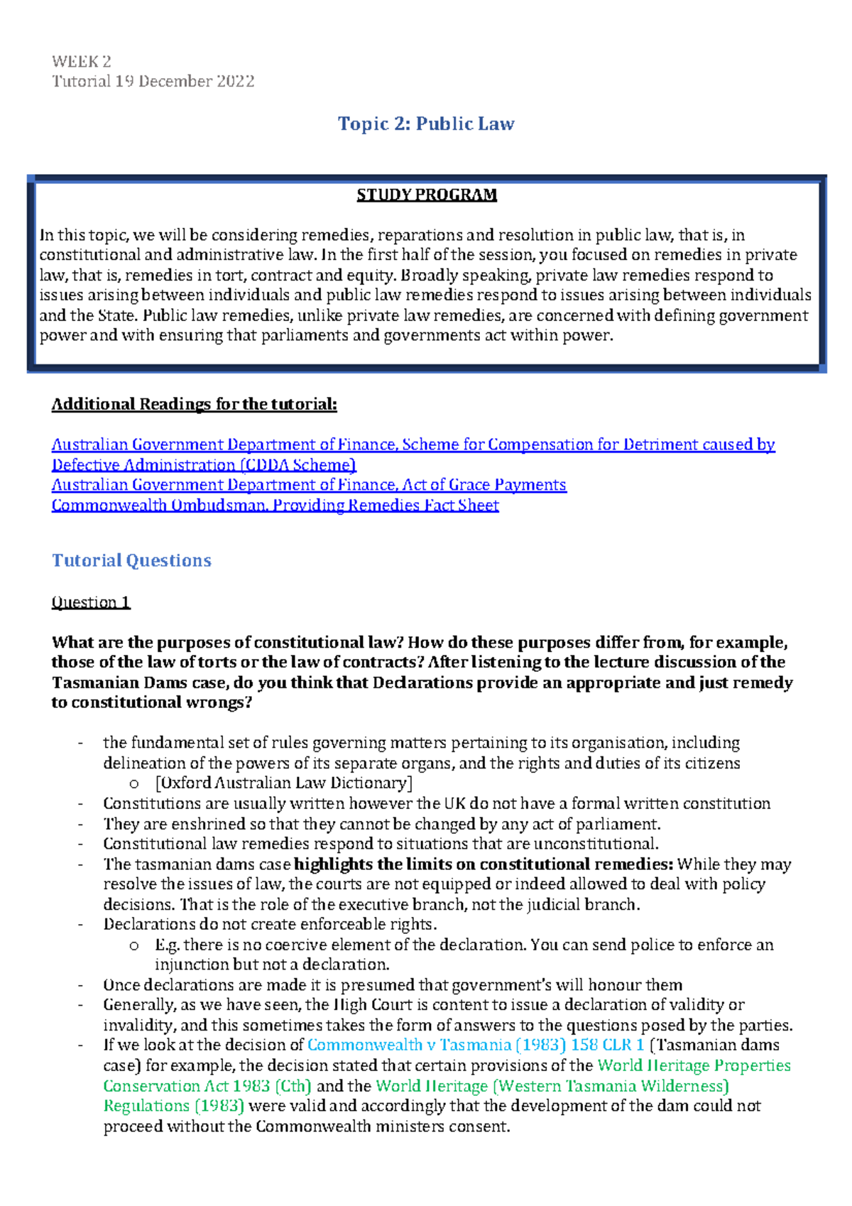 Topic 2 - public law - tutorial notes including all questions and ...