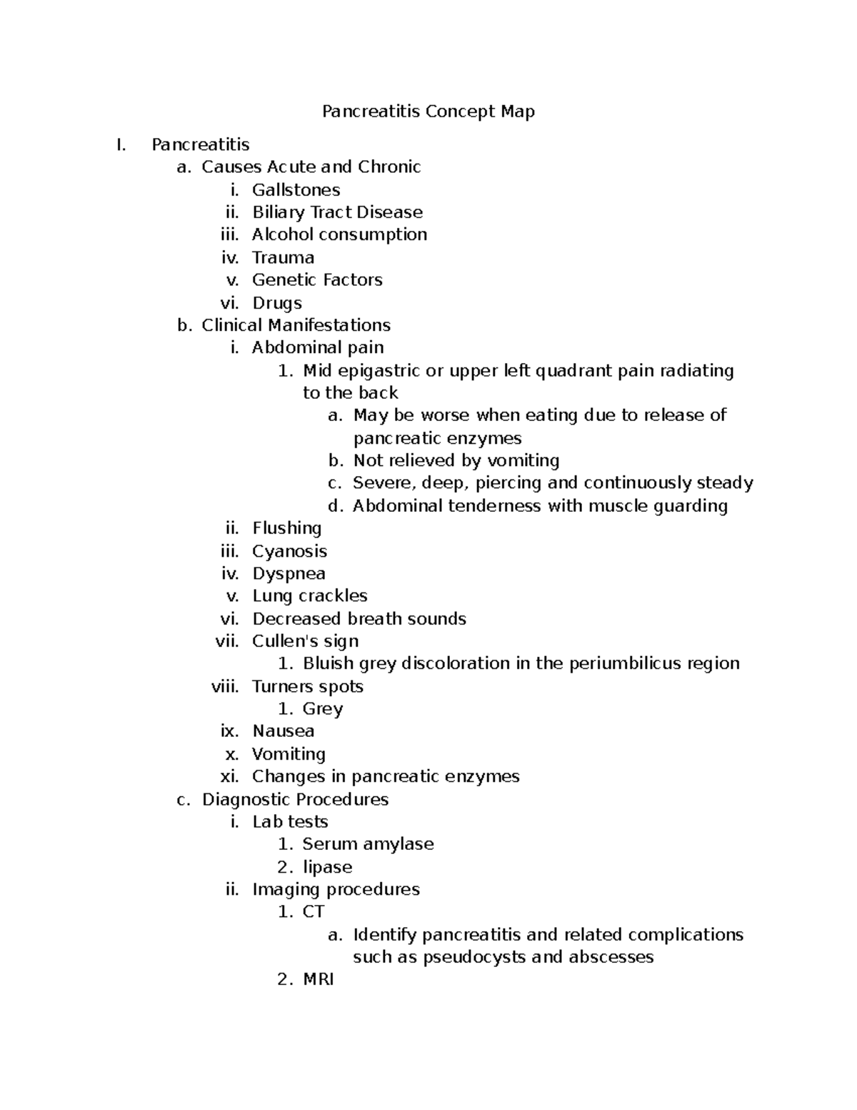 Pancreatitis Concept Map - Pancreatitis a. Causes Acute and Chronic i ...