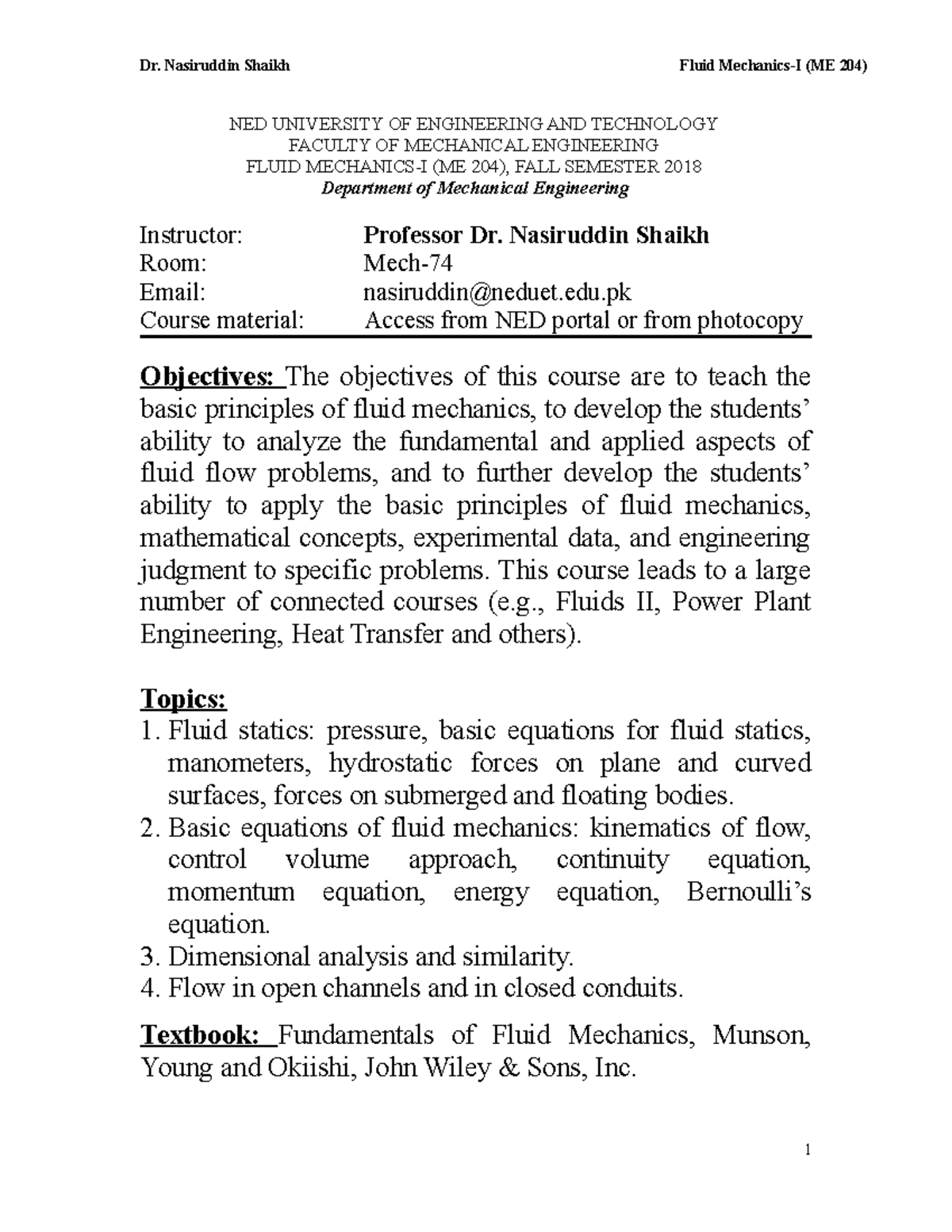 Course Outline (ME204) - Dr. Nasiruddin Shaikh Fluid (ME 204) NED ...