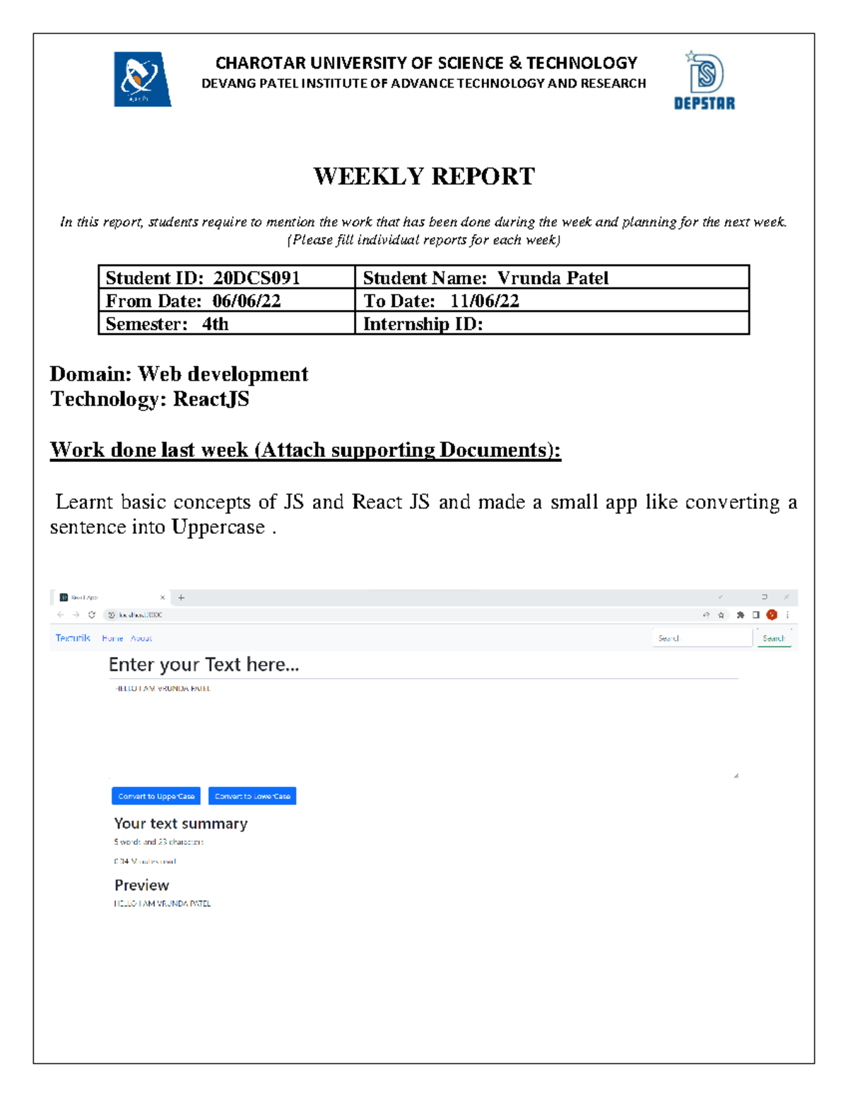 20DCS091 Week-4 Report - CHAROTAR UNIVERSITY OF SCIENCE & TECHNOLOGY DEVANG PATEL INSTITUTE OF ...