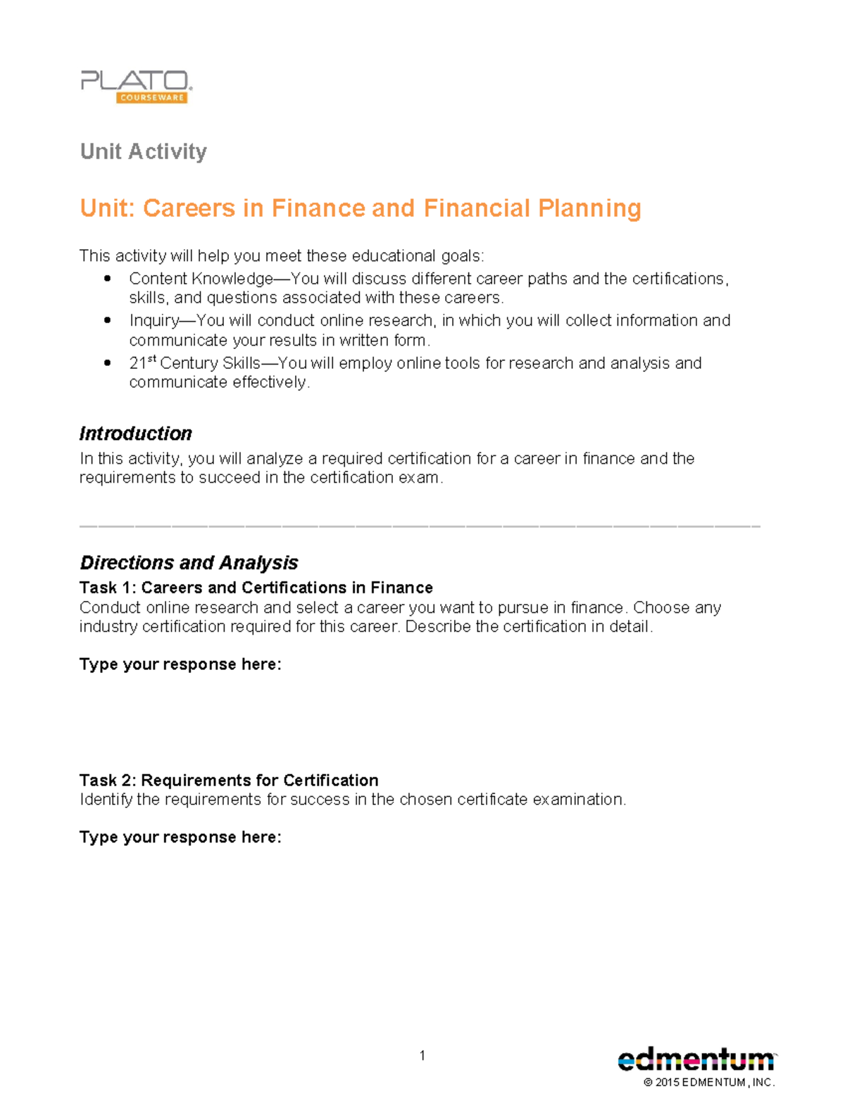 Careers in Finance and Financial Planning UA (1) - © 2015 EDMENTUM, INC ...