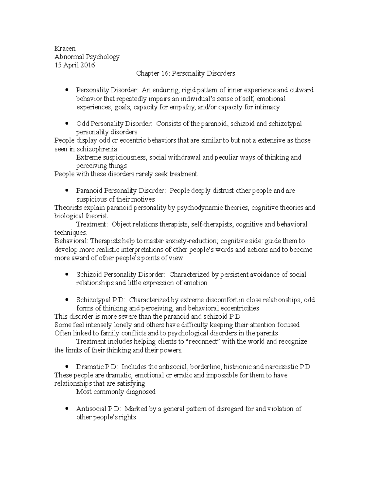 Ch 16 Notes Personality Disorders - Kracen Abnormal Psychology 15 April ...