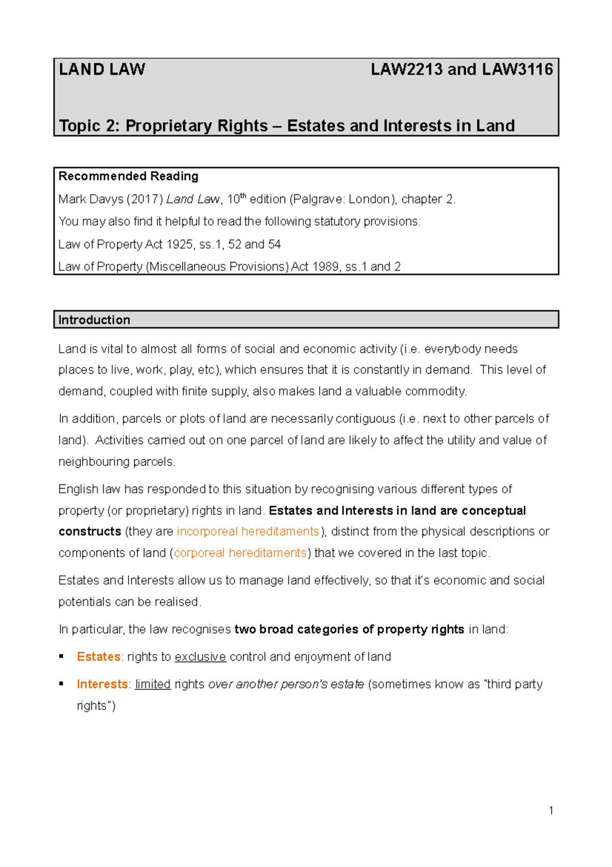 Estates and Interests in Land - LAND LAW LAW2213 and LAW Topic 2 ...