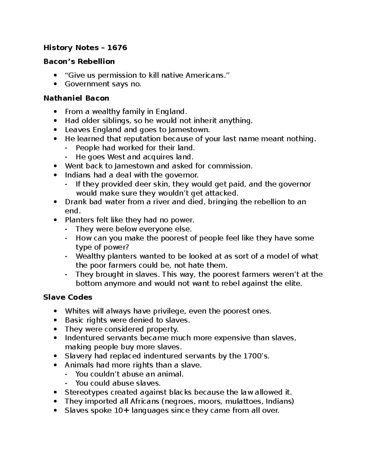 HIstory Notes - 1676 - History Notes 1676 Rebellion us permission to ...