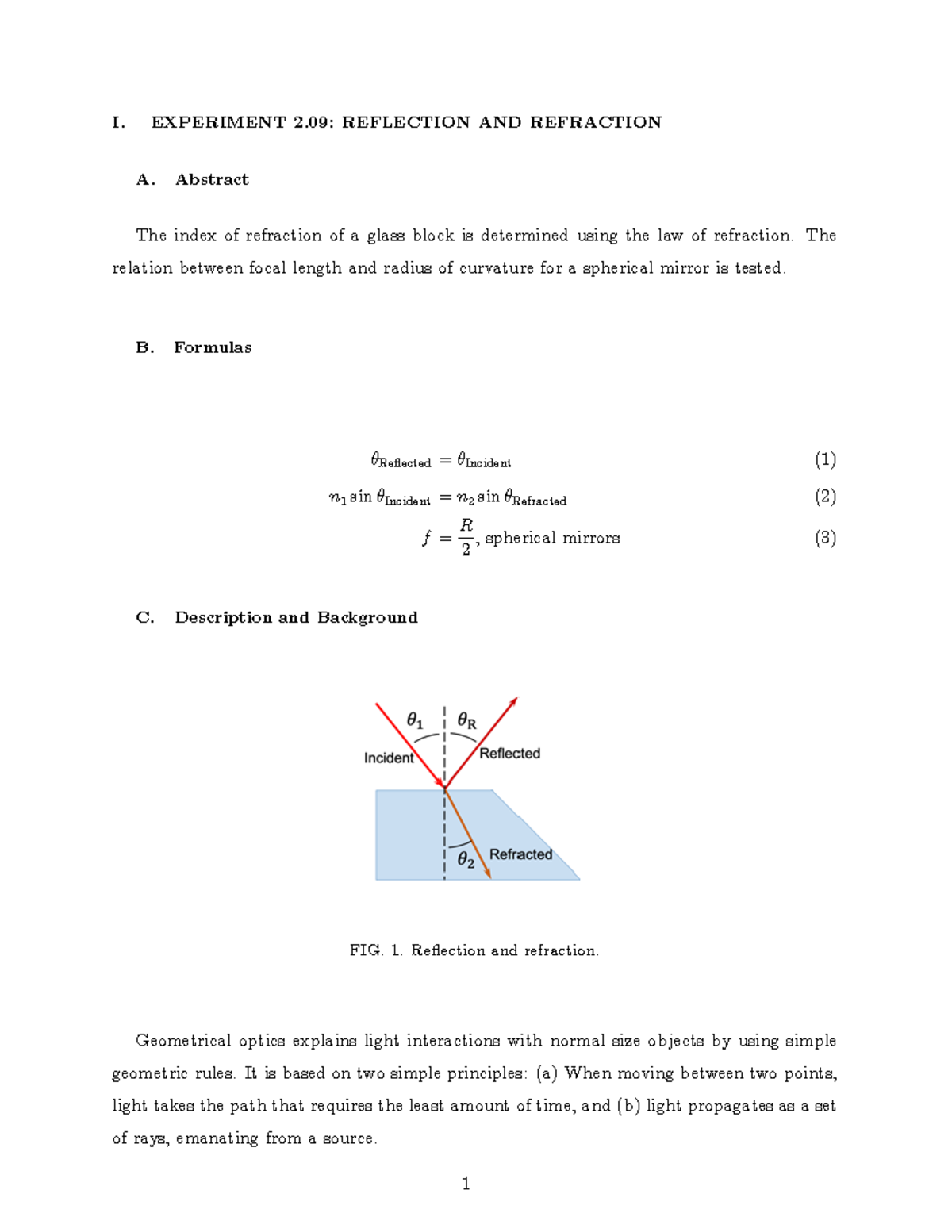 Exp2-09-1 - yes - I. EXPERIMENT 2: REFLECTION AND REFRACTION A. Abstract The index of refraction ...
