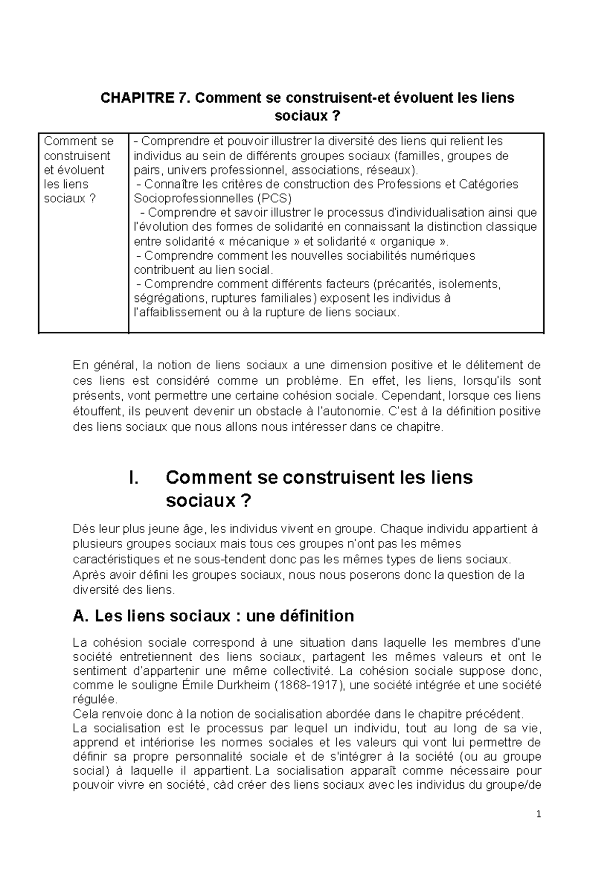 Copie de Chapitre 7: Comment se construisent et évoluent les liens sociaux Première - CHAPITRE 7 ...