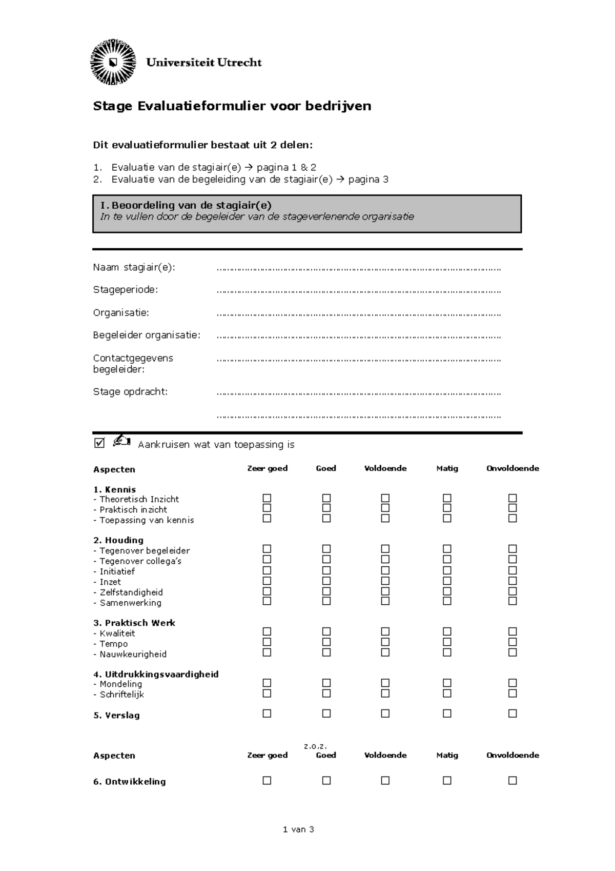 Stage evaluatieformulier voor bedrijven - Evaluatie van de stagiair(e) pagina 1 & 2 2. - Studeersnel