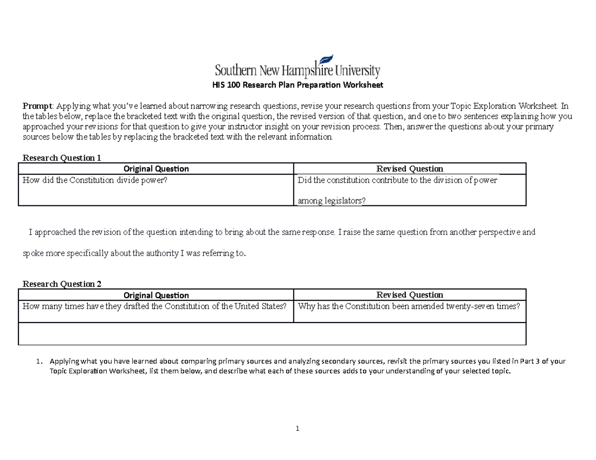HIS 100 Research Plan Preparation Worksheet done - HIS 100 Research ...