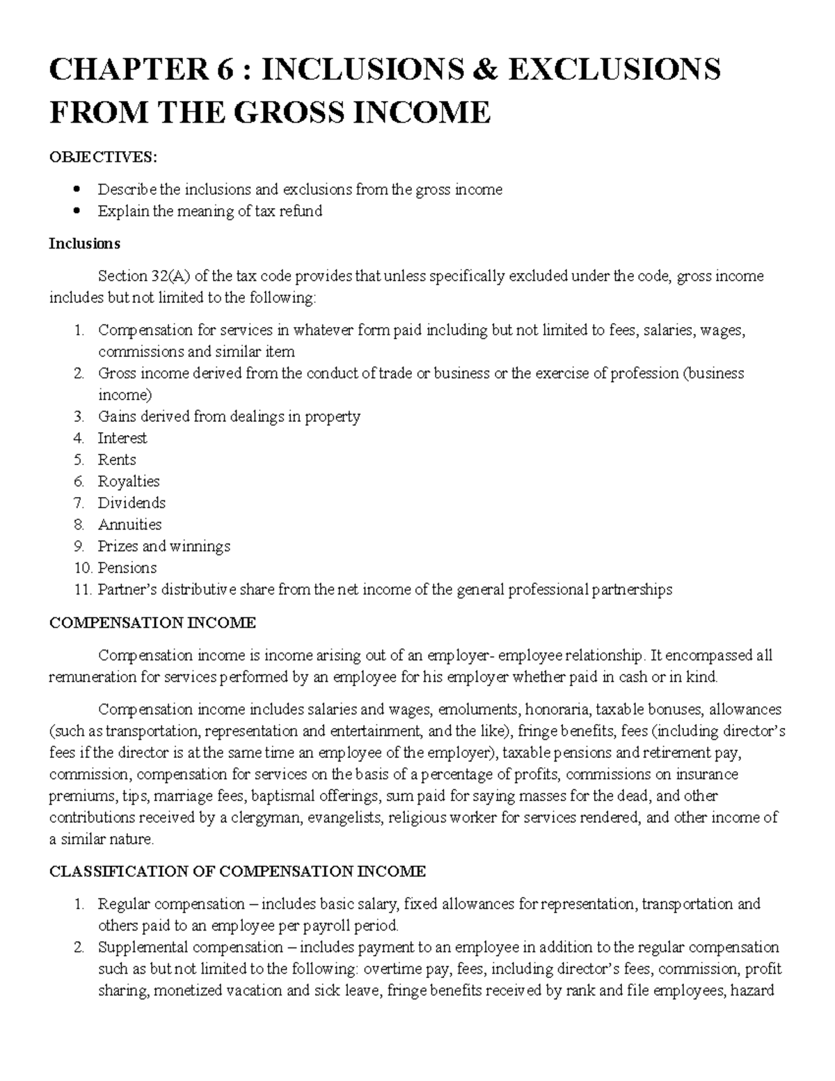 Income Taxation Chapter 6 - CHAPTER 6 : INCLUSIONS & EXCLUSIONS FROM ...