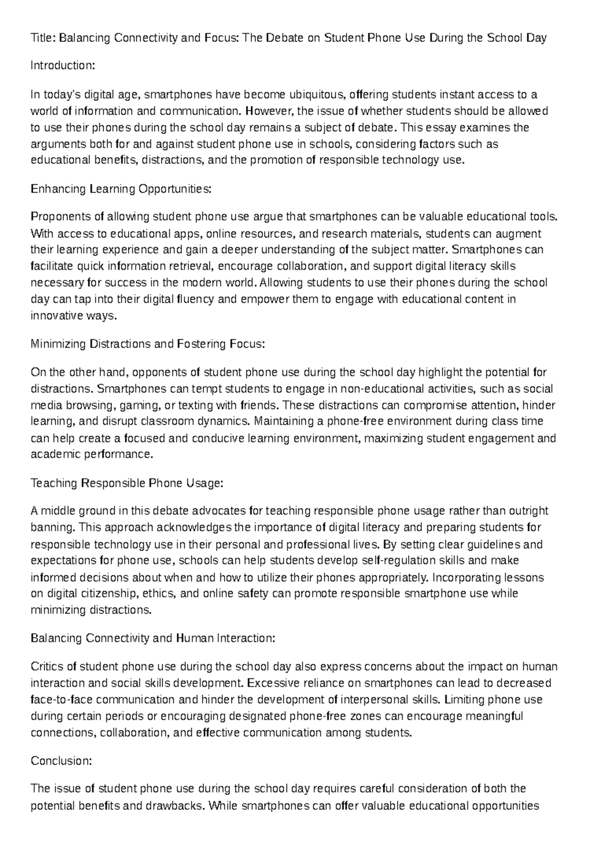 Balancing Connectivity and Focus The Debate on Student Phone Use During ...