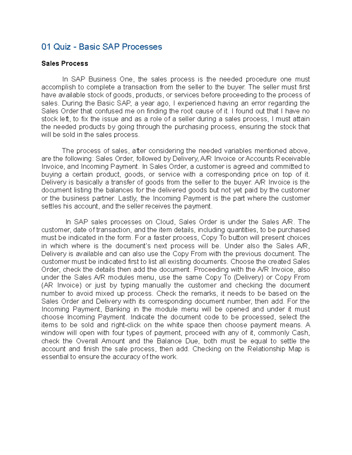 01 Quiz - Basic SAP Processes - 01 Quiz - Basic SAP Processes Sales ...