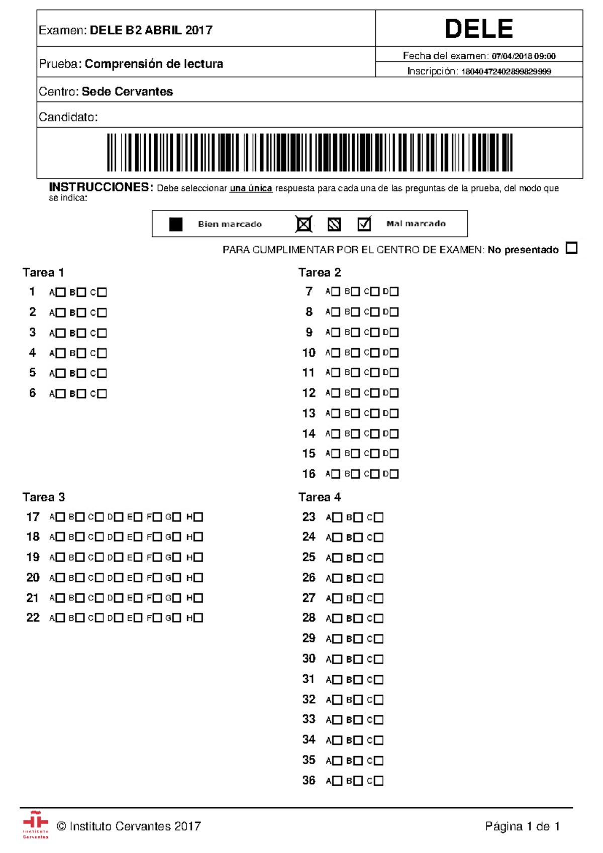 DELE-B2 Modelo-Hoja-de-respuestas - INSTRUCCIONES: Debe seleccionar una ...
