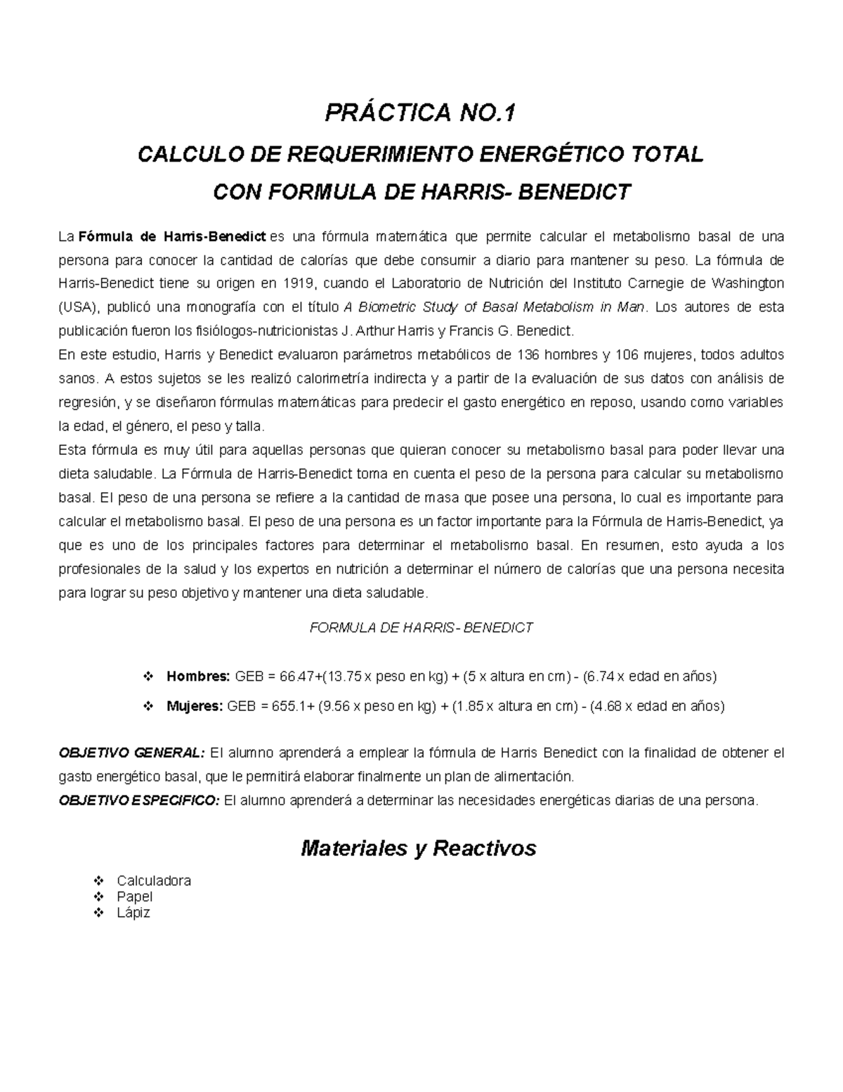 Práctica Harris - PRÁCTICA NO. CALCULO DE REQUERIMIENTO ENERGÉTICO ...