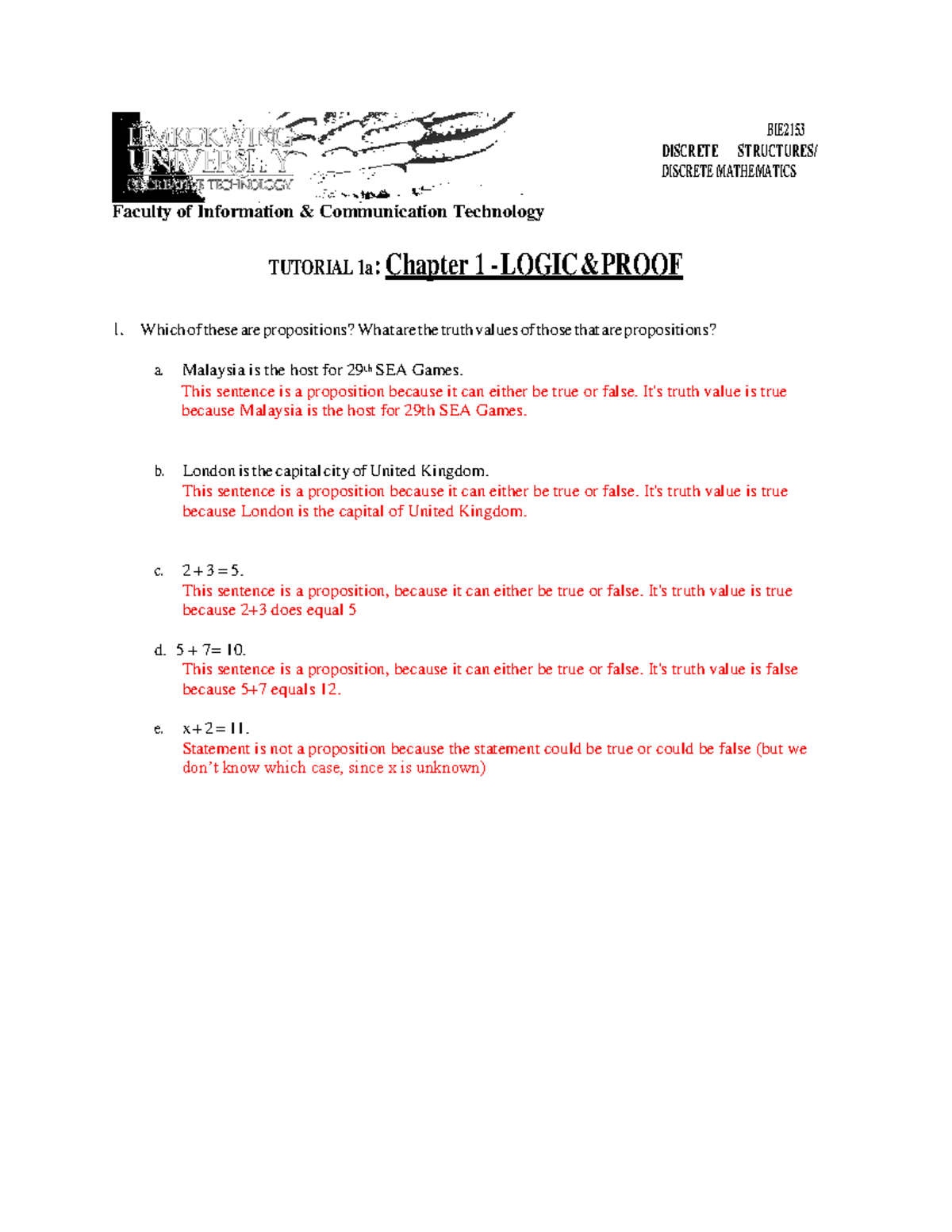 Tutorial Discrete Maths Chap1Proof Logic - BIE DISCRETE STRUCTURES/ DISCRETE MATHEMATICS Faculty ...