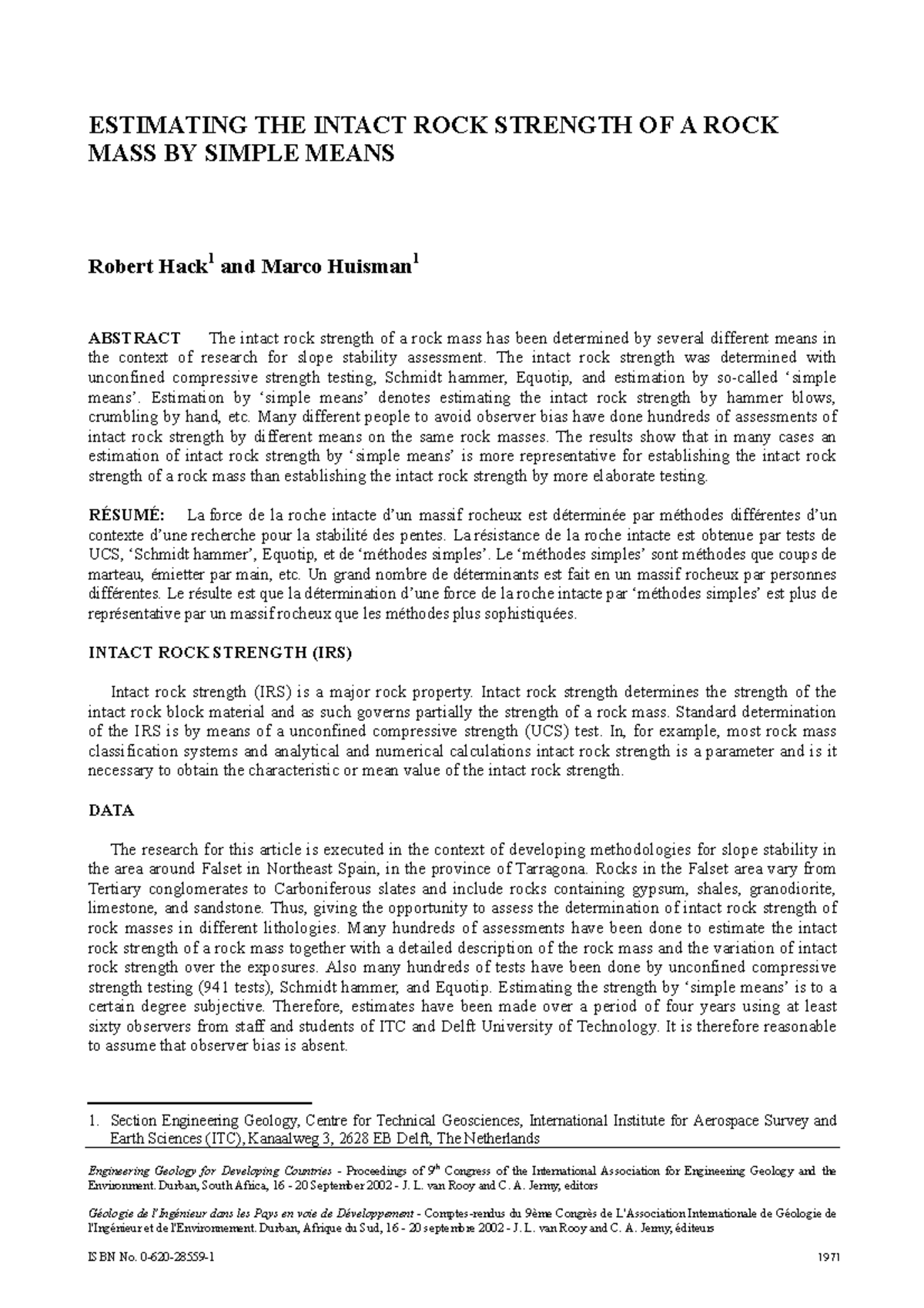 Intact rock mass strength hack huisman - Engineering Geology for ...