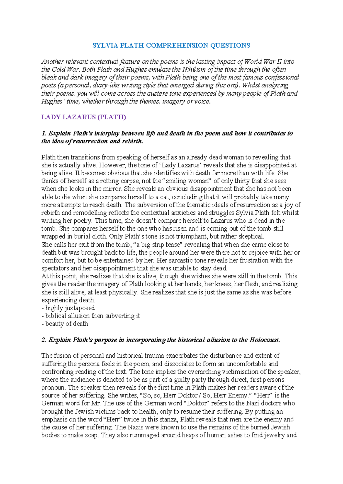 MOD A Questions - PLath and Hughes notes - SYLVIA PLATH COMPREHENSION ...