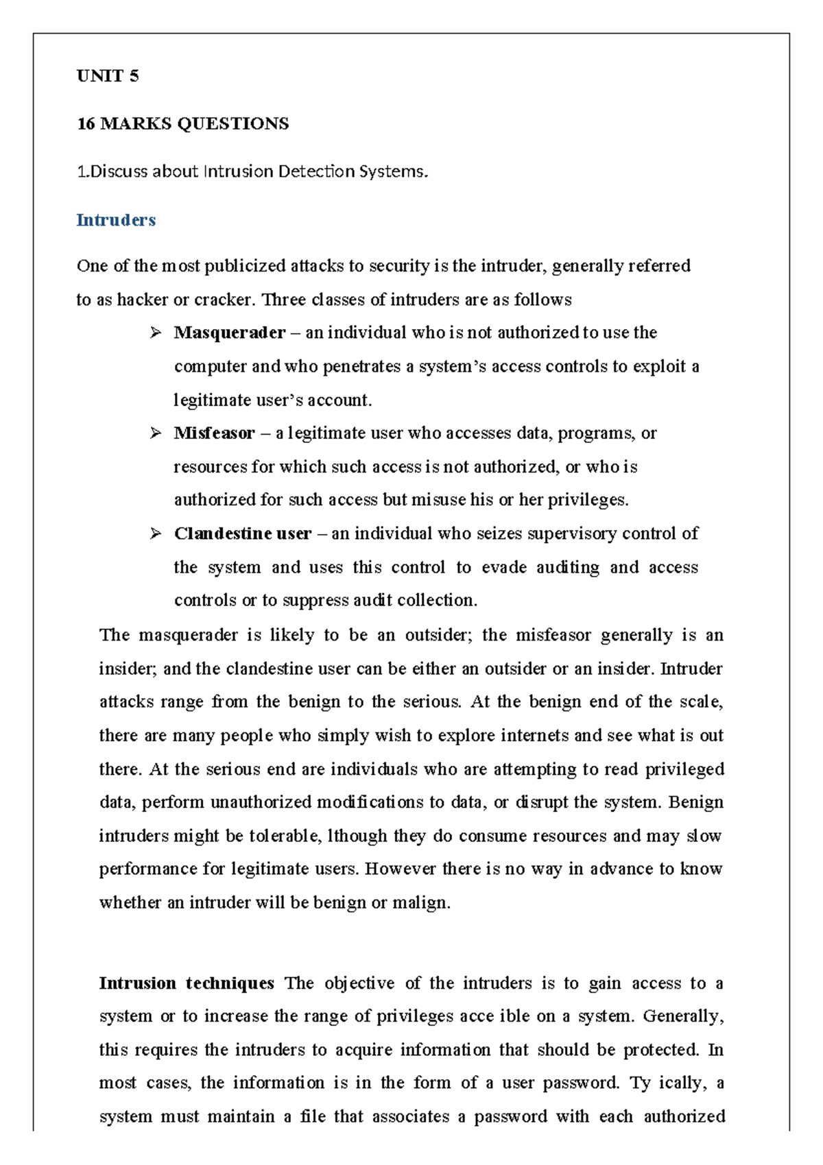 UNIT 5 - UNIT 5 16 MARKS QUESTIONS 1 about Intrusion Detection Systems ...
