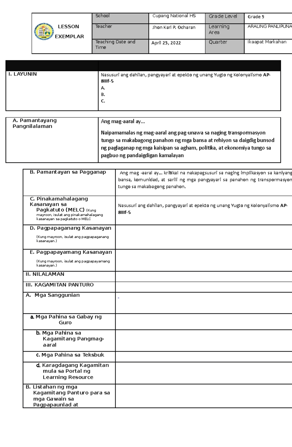 Lesson- Exemplar- Format - LESSON EXEMPLAR School Cupang National HS ...