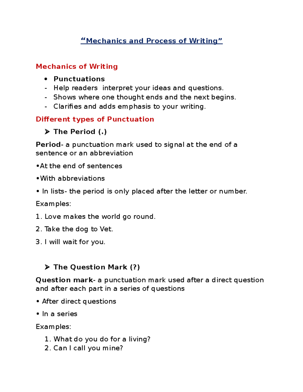 Mechanics and Process of Writing - “Mechanics and Process of Writing ...