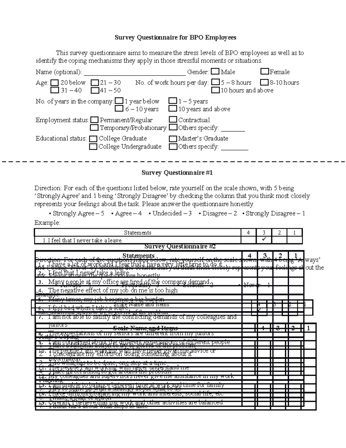 Questionnaire- Final - Survey Questionnaire for BPO Employees This ...