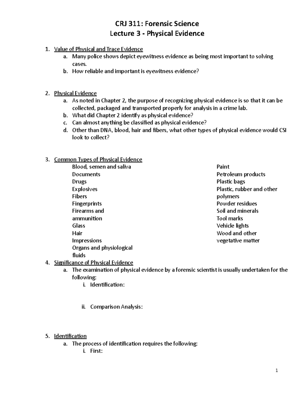 3 - physical evidence - CRJ 311: Forensic Science Lecture 3 - Physical ...