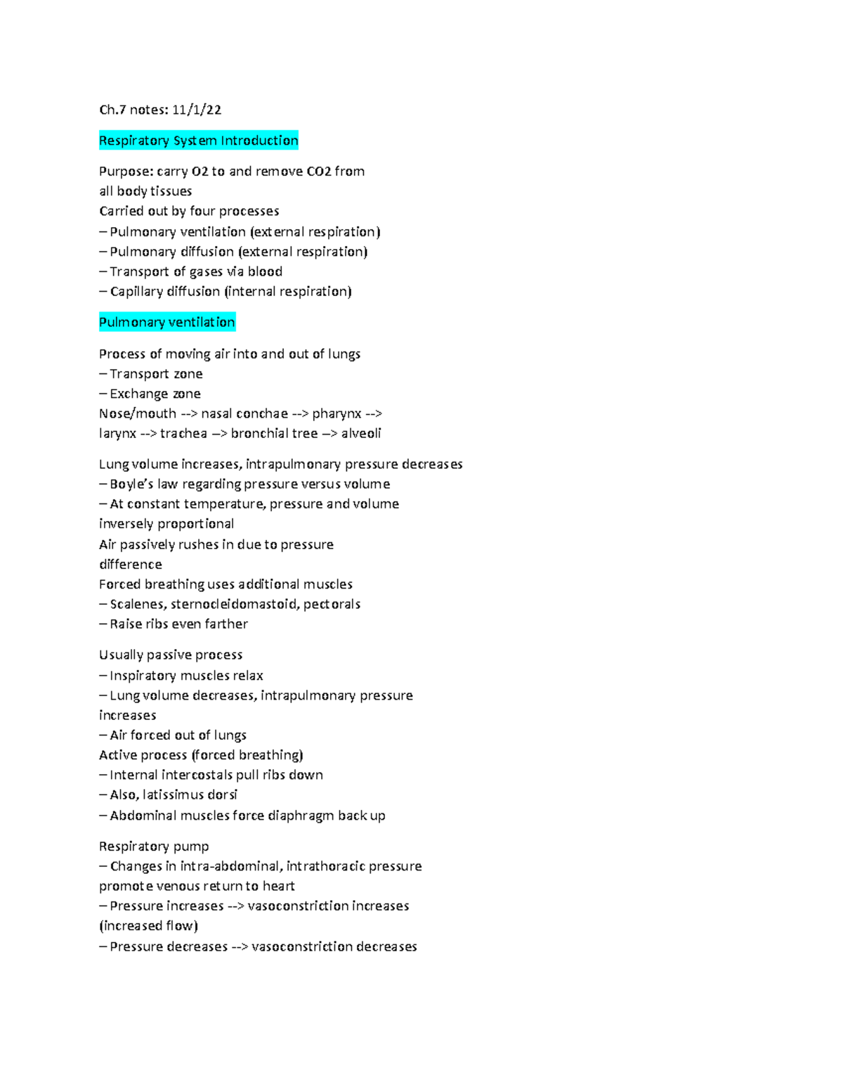 ESS 3317- notes - Ch notes: 11/1/ Respiratory System Introduction ...
