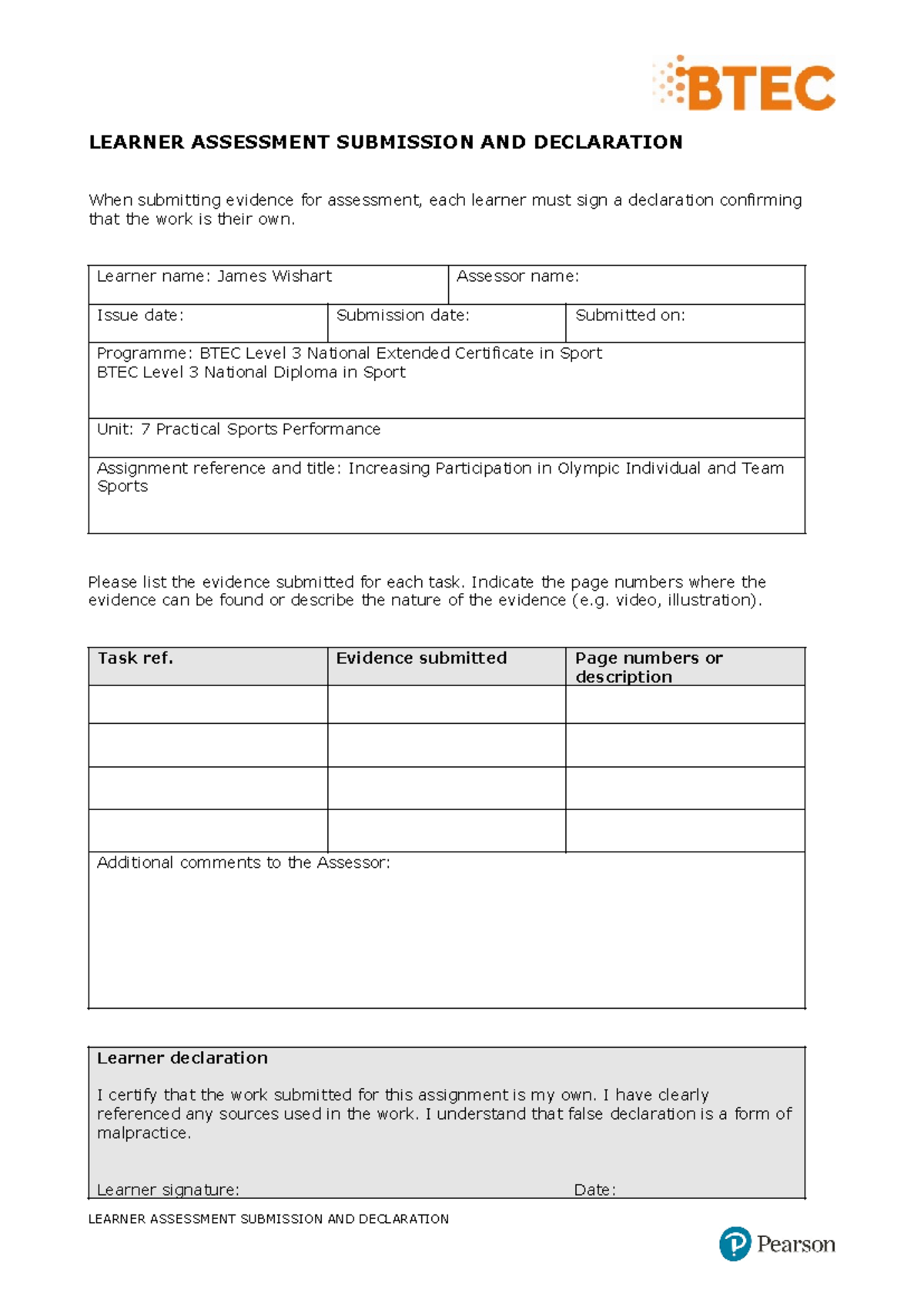 James Wishart - Sport level 3 btec coursework - LEARNER ASSESSMENT SUBMISSION AND DECLARATION ...