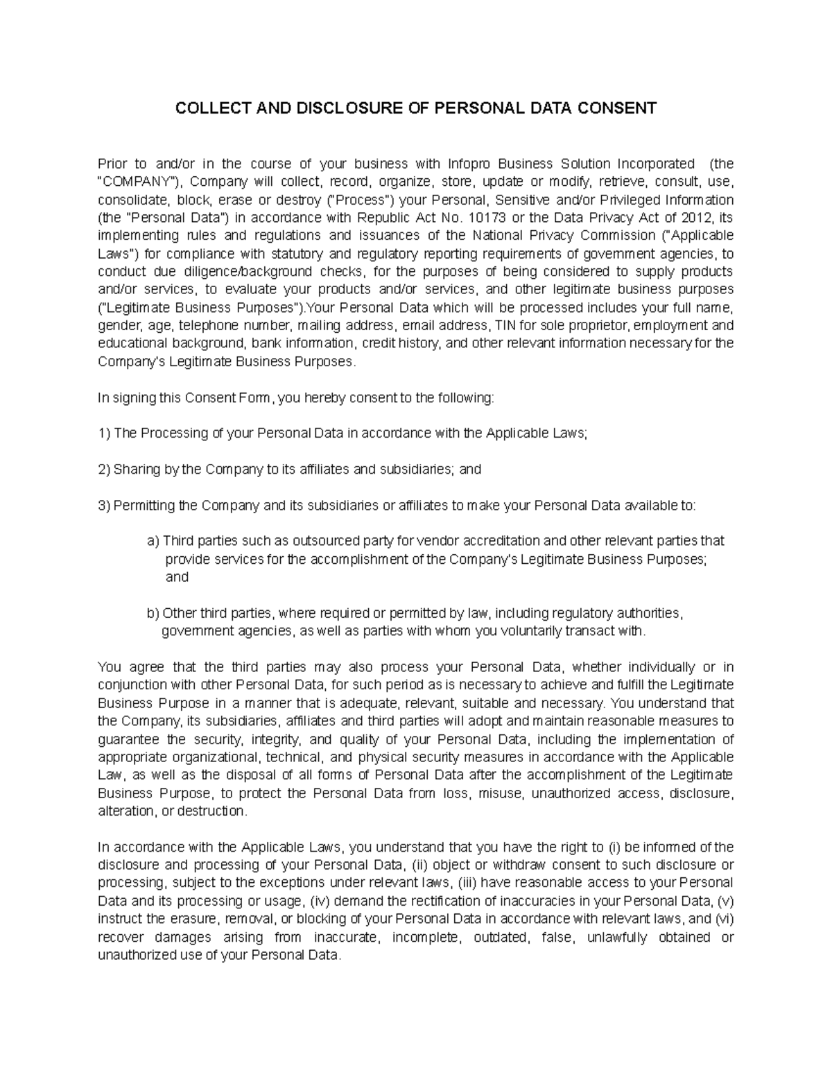 Collect AND Disclosure OF Personal DATA Consent - COLLECT AND ...