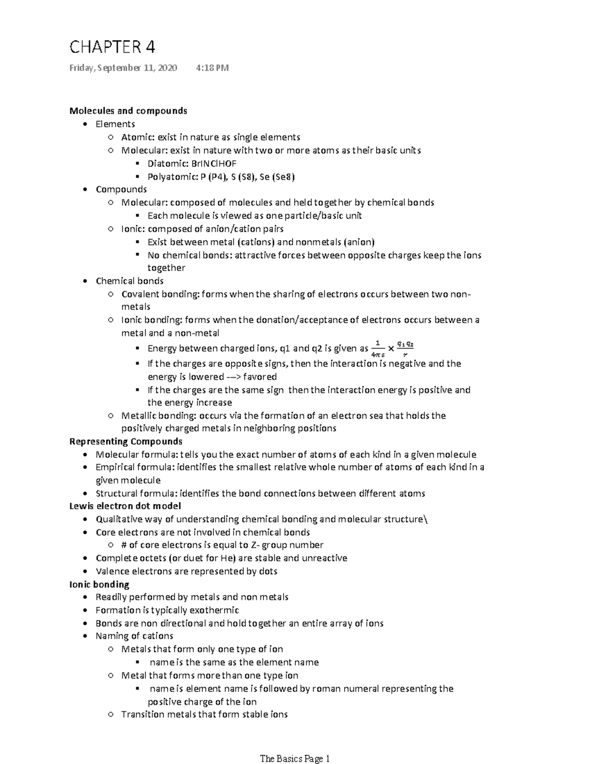 Chapter 4 Unit Notes for chemistry lectures - CHAPTER 4 Friday ...